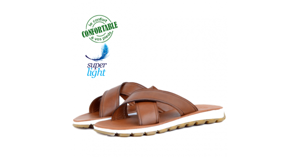 Sandale extra-confortable pour homme 100% cuir Marron